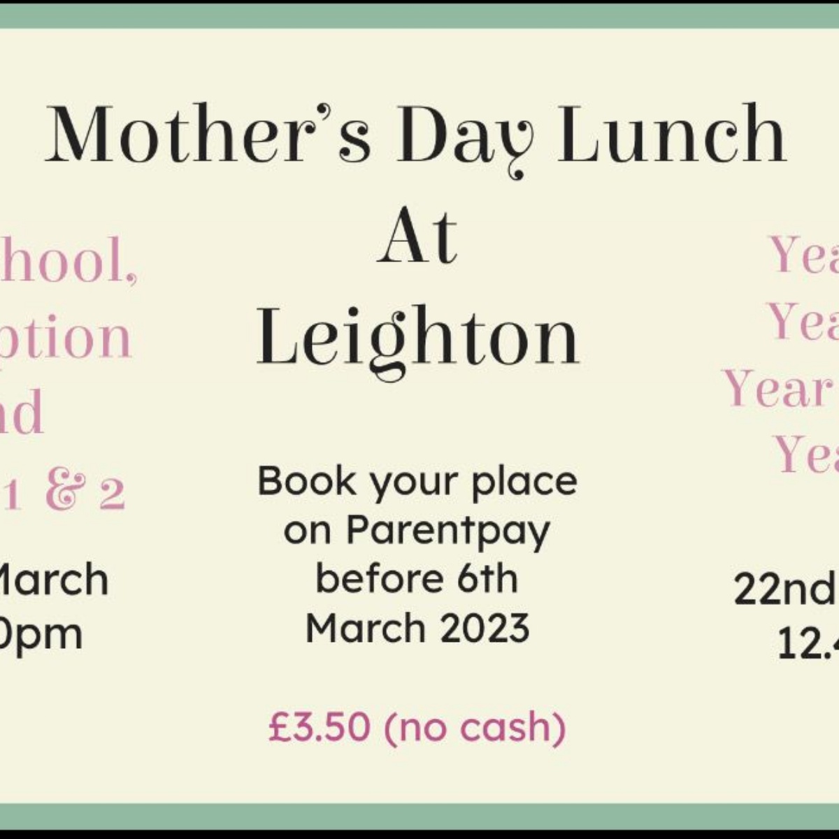 Leighton Primary & Pre School - Mother's Day Lunch 21st & 22nd March.